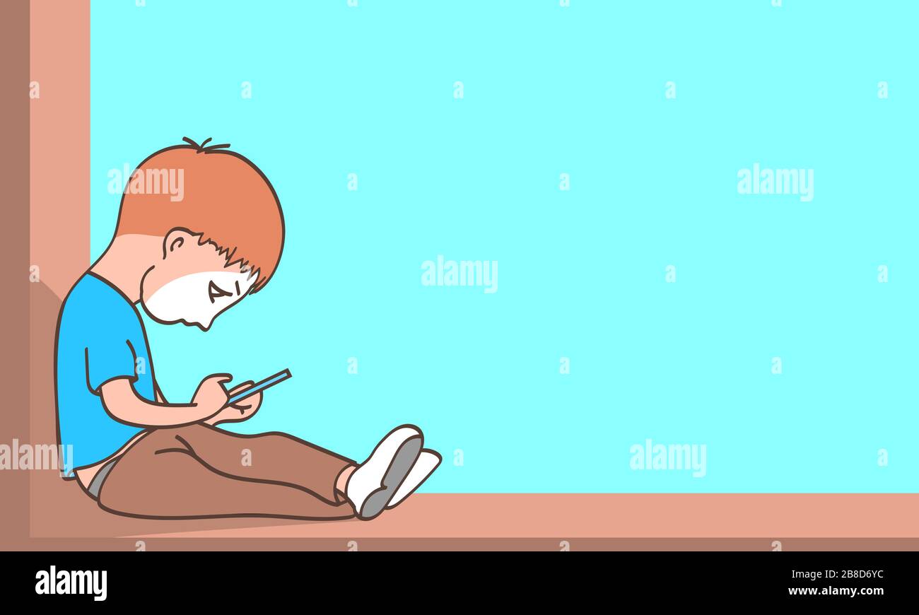 The boy is sitting alone at home with a smartphone. Vector cartoon ...