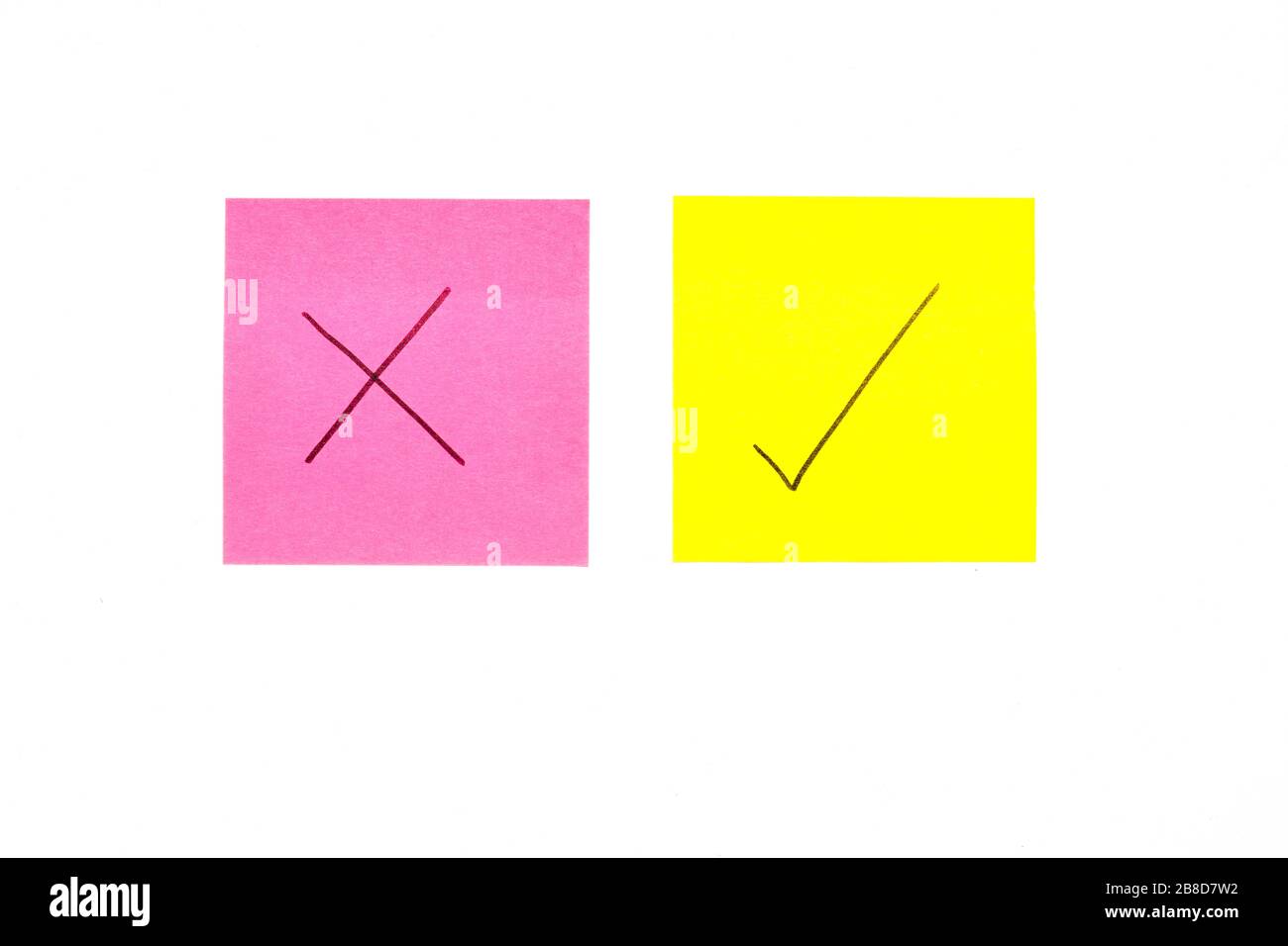 Three post its on white background with a question mark and tick on it ...