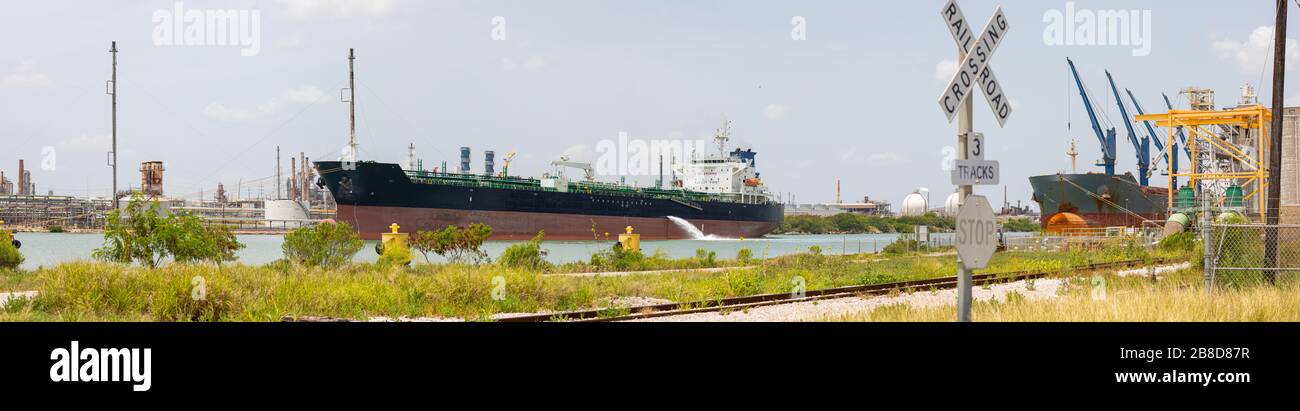 Oil Tanker at anchor, infront of oil refinery, Corpus Christi, Texas ...