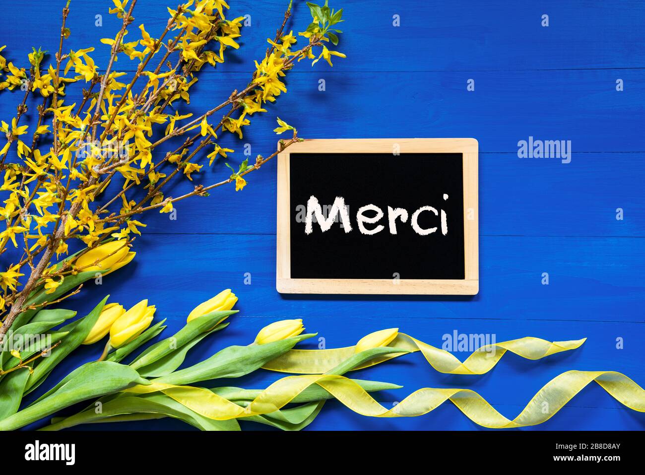 Spring Flowers Decoration, Branch, Blackboard, Merci Means Thank You ...