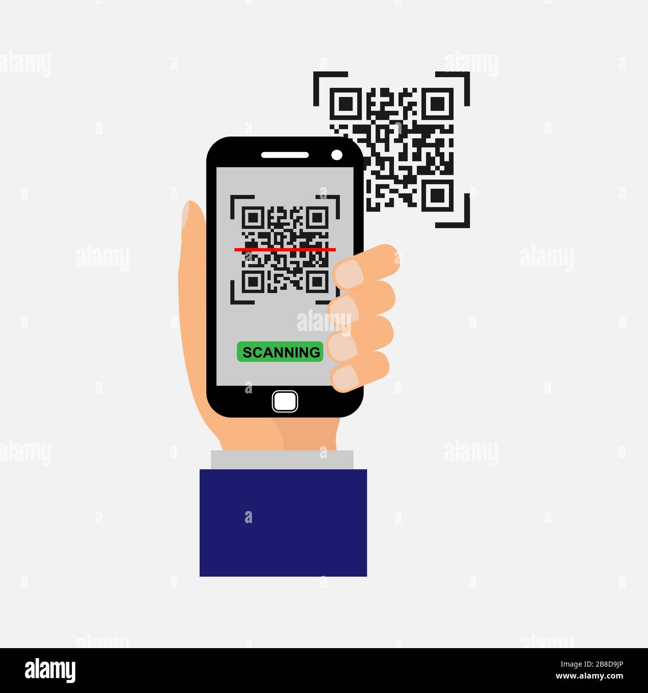 Vector icon. The smartphone in your hand scans the QR code. Simple flat ...