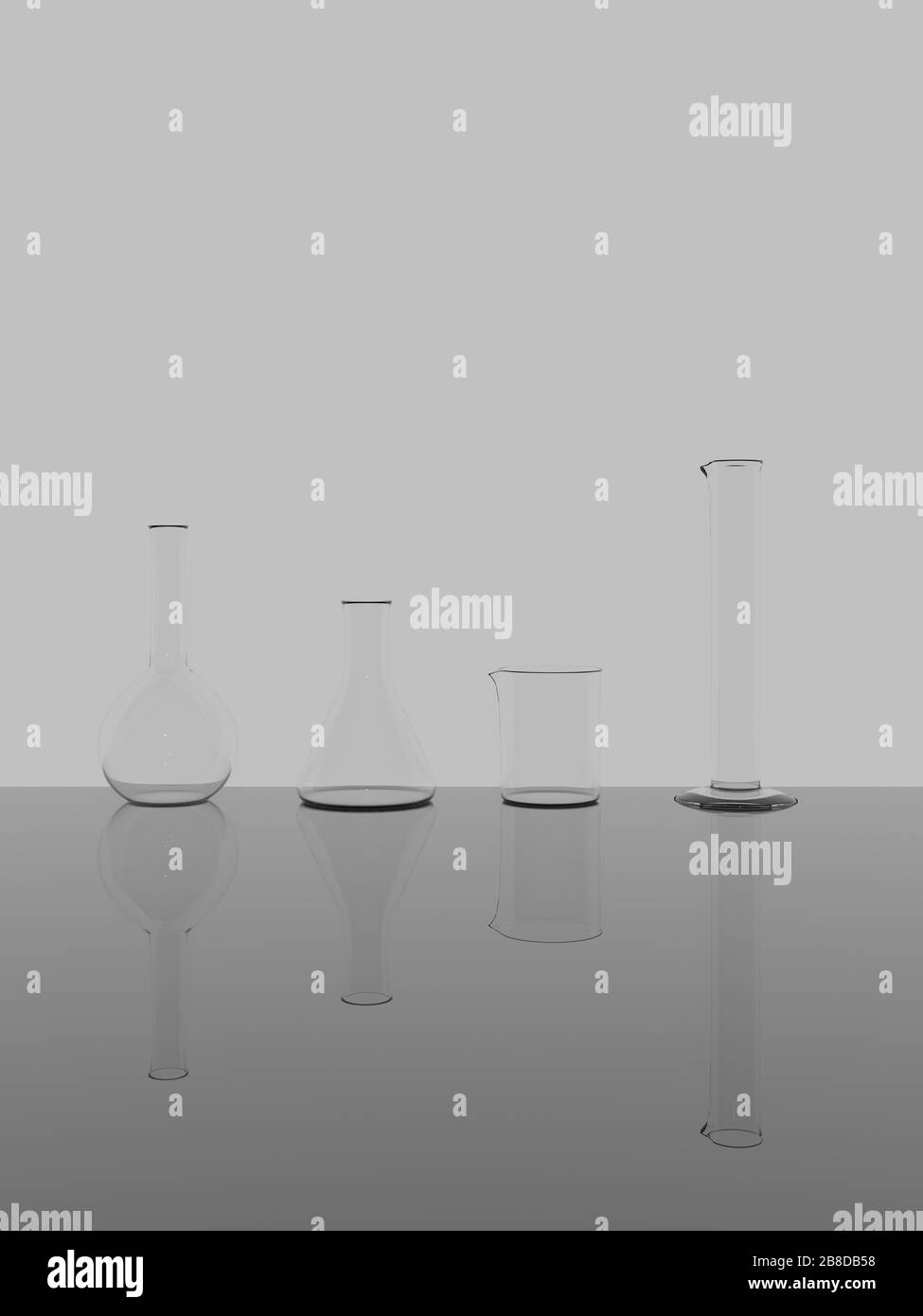 Laboratory glassware. Realistic lab beaker, flask, volumetric flask and ...