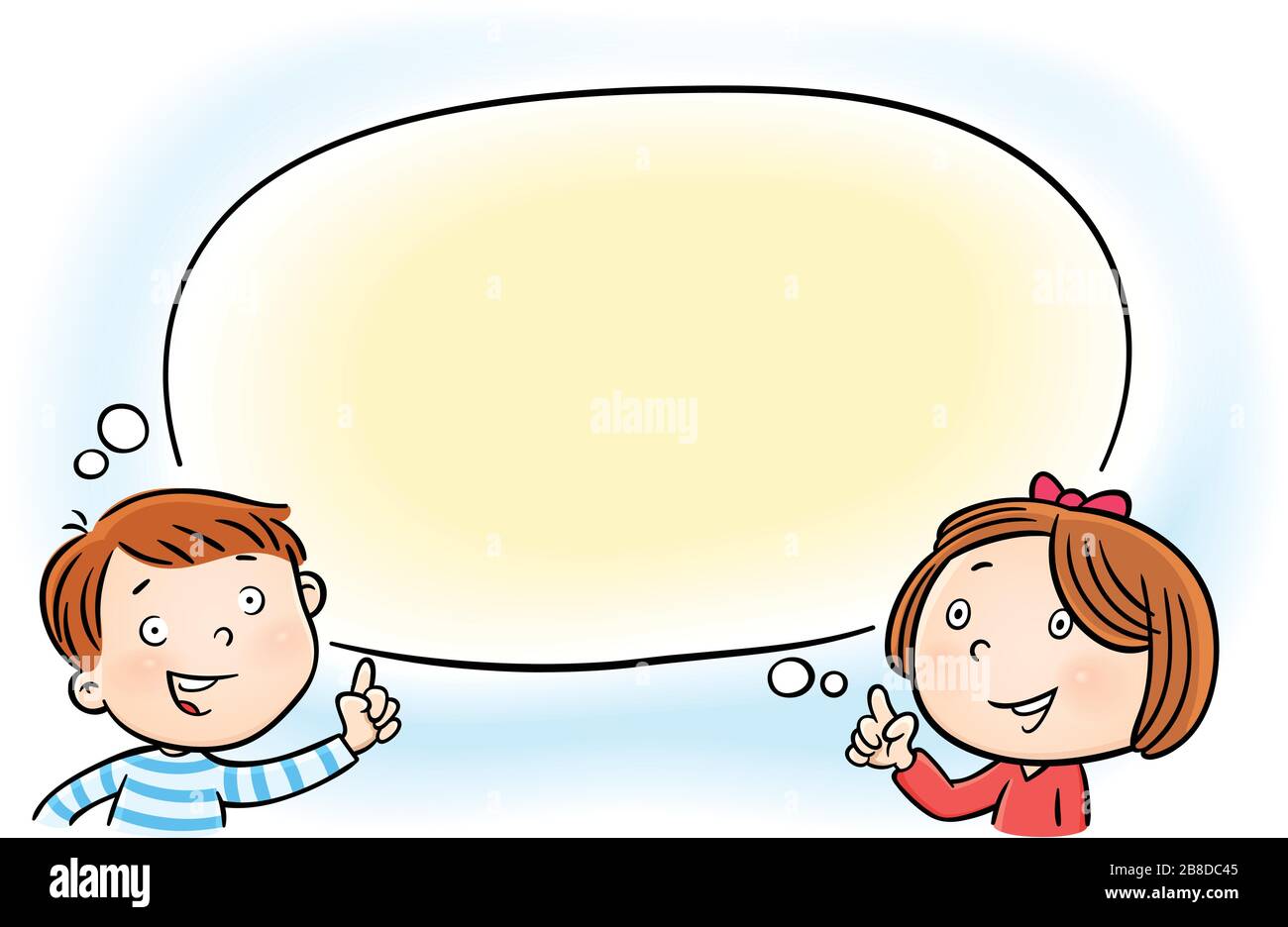 Happy cute surprised little boy and girl pointing at the empty speech ...