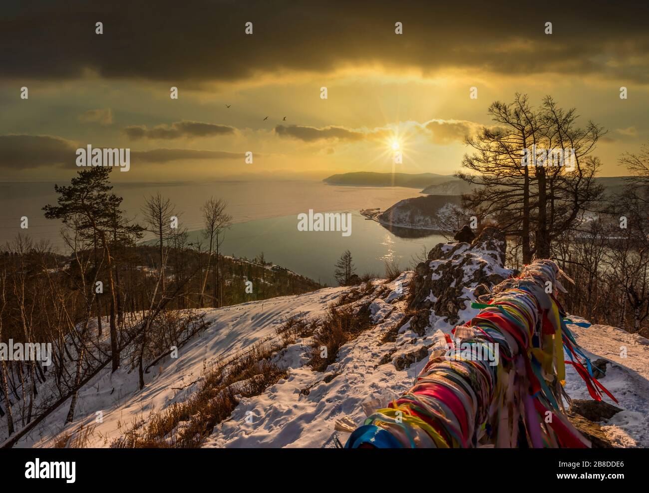 Top view over lake Baikal and the Angara river from Chersky stone in ...