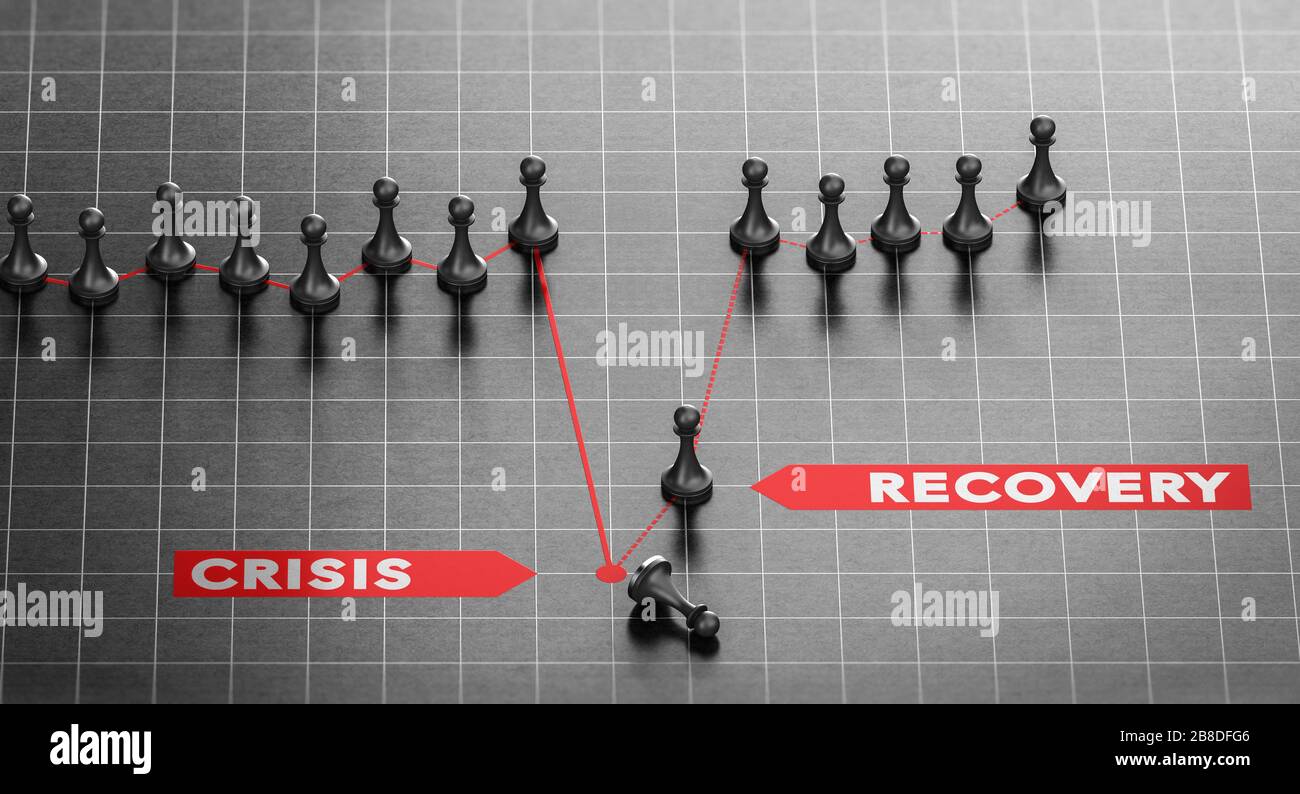 3D illustration of crisis and disaster recovery chart over black ...