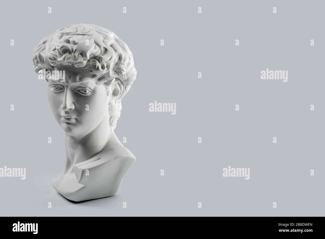 Gypsum statue of David's head. Michelangelo's David statue plaster copy on grey background with ...