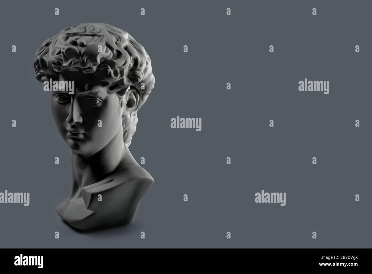 Gypsum statue of David's head. Michelangelo's David statue plaster copy on dark grey background ...