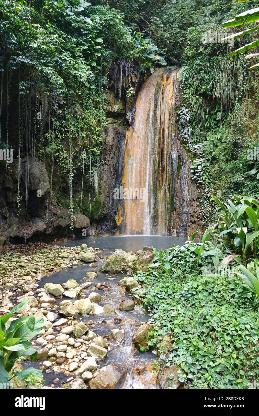 View of the Diamond Waterfall in the Diamond Botanical Gardens in St ...