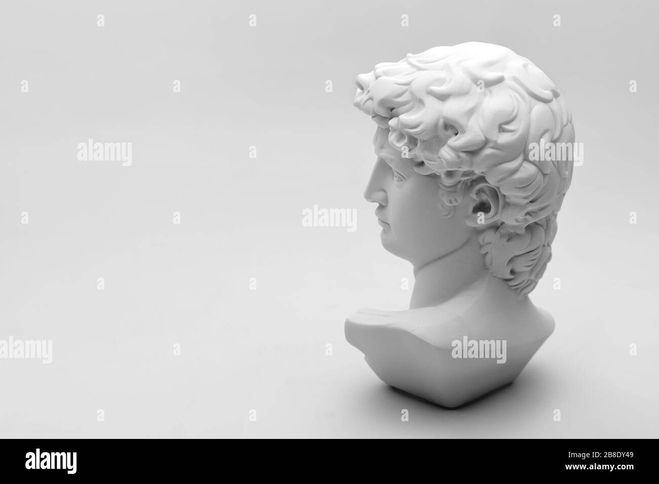 Gypsum statue of David's head. Michelangelo's David statue plaster copy on grey background with ...