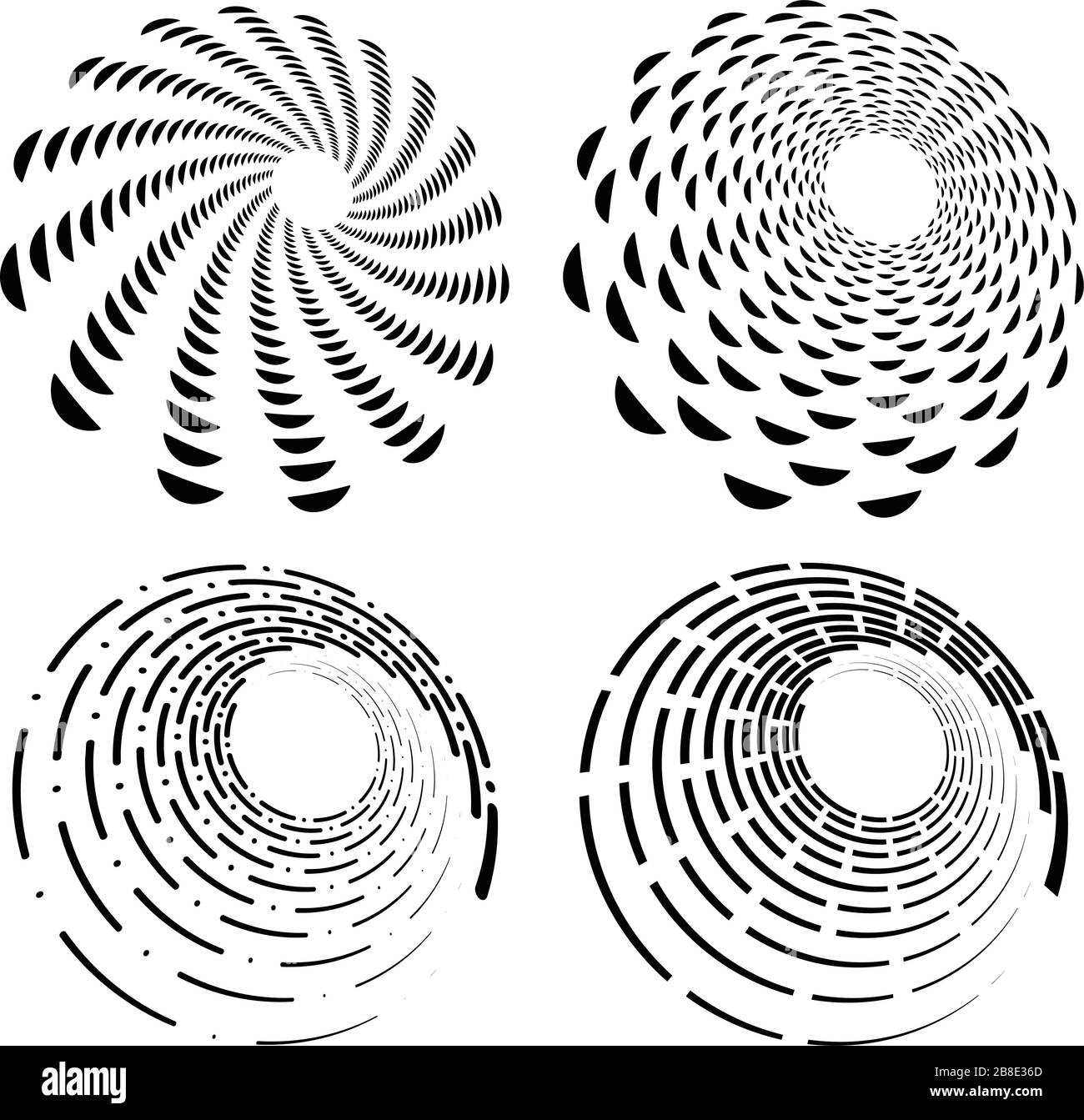 Set of black and white vortex, volute shapes. Twisted helix elements ...
