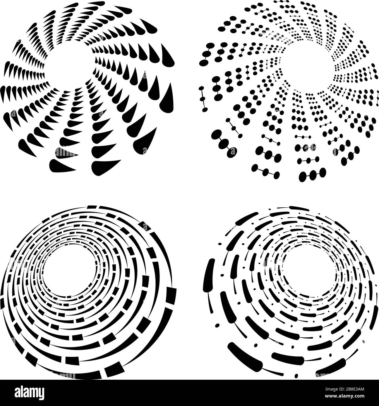 Set of black and white vortex, volute shapes. Twisted helix elements ...