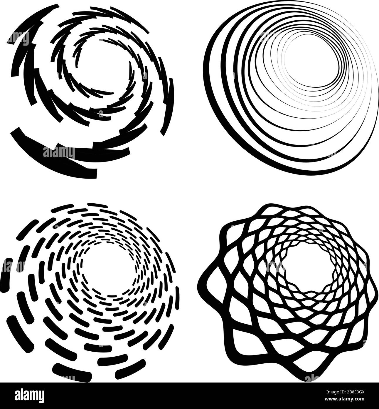 Set of black and white vortex, volute shapes. Twisted helix elements ...