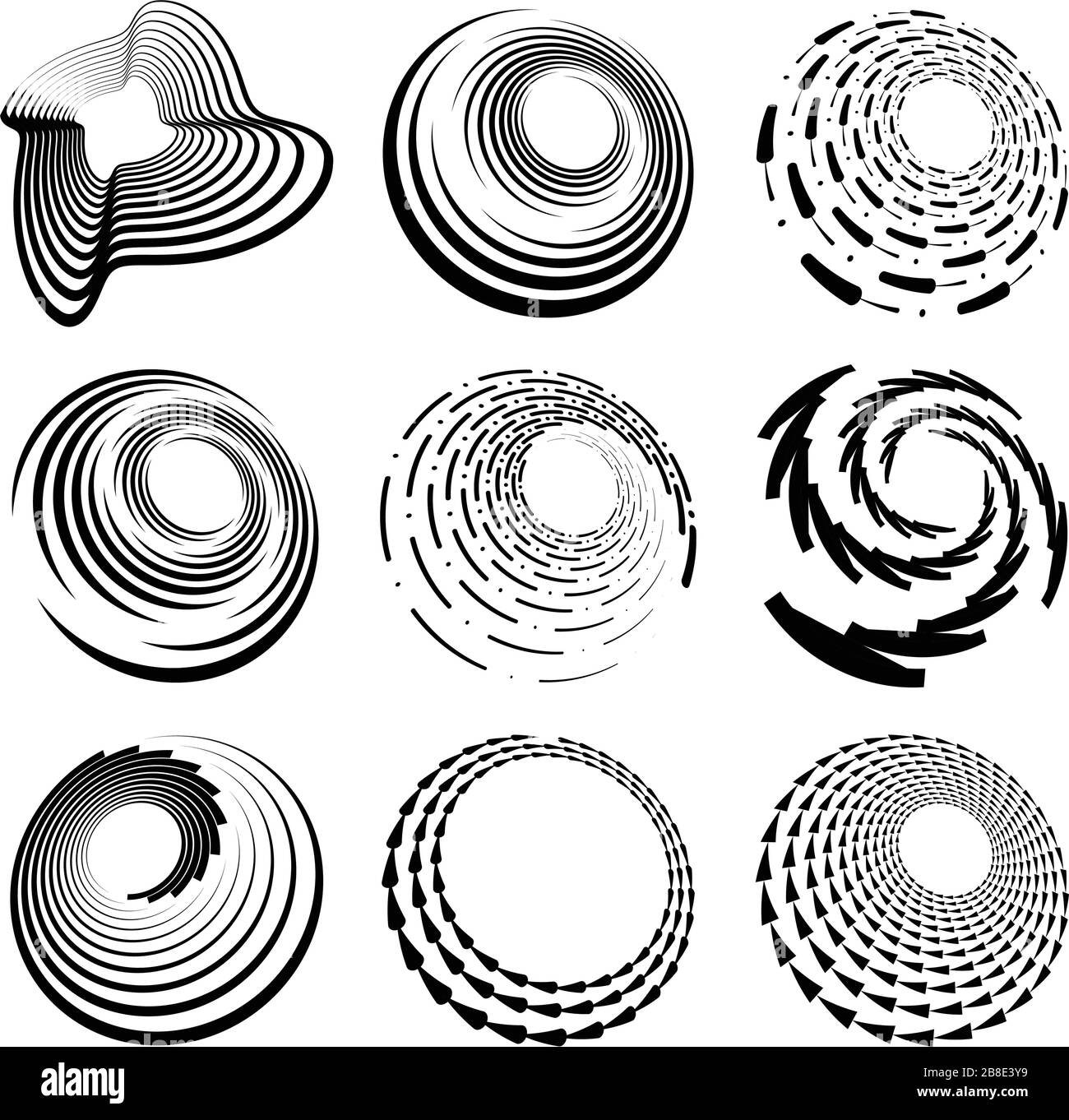 Set of black and white vortex, volute shapes. Twisted helix elements ...