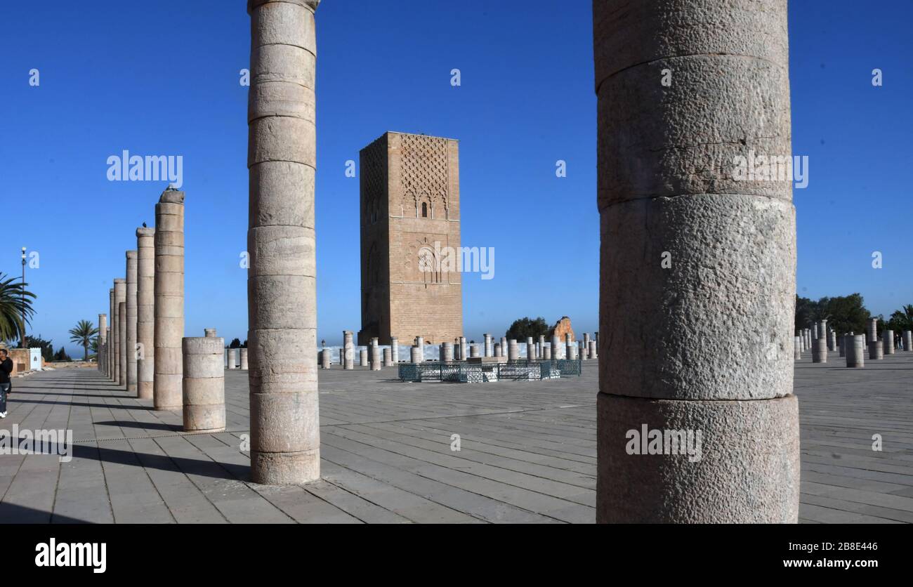February 23, 2020, Rabat, Morocco: The Hassan Tower, the minaret of a ...