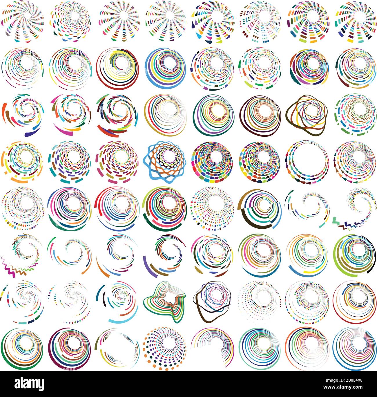 Set of mottled, multi color and colorful spiral, swirl, twirl shapes ...