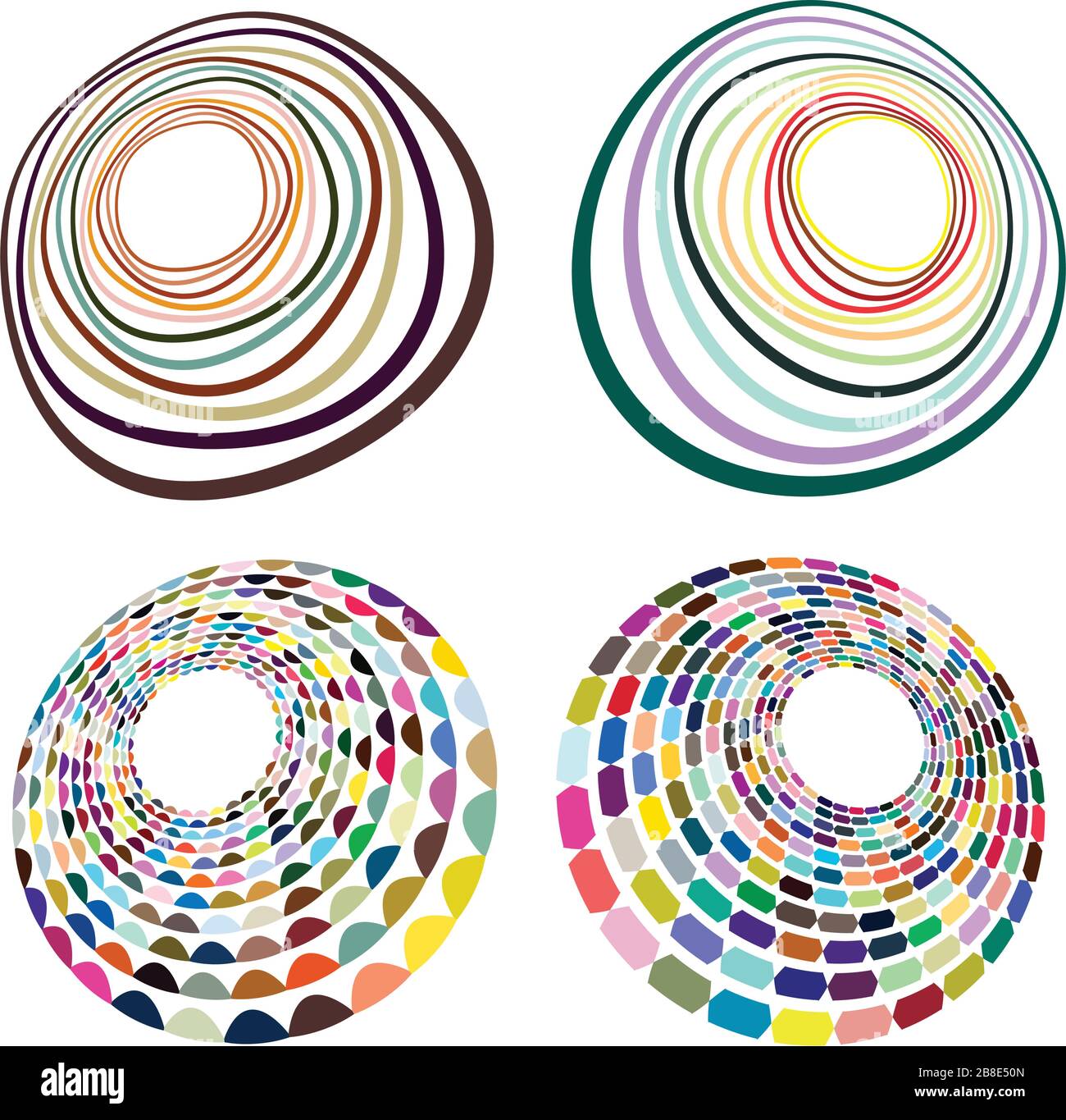 Set of mottled, multi color and colorful spiral, swirl, twirl shapes ...