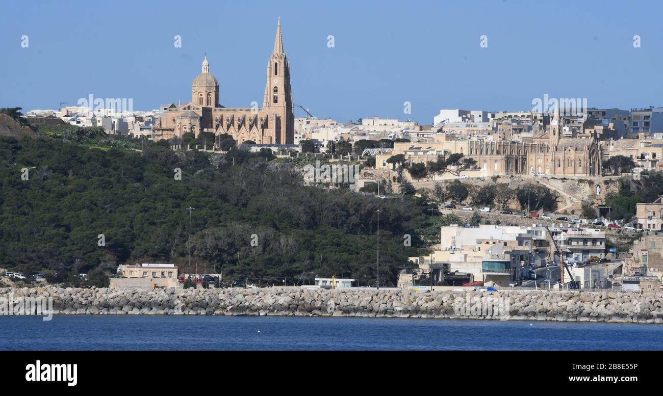 February 17, 2020, Marsaxlokk, Malta: Churches dominate the skyline as ...