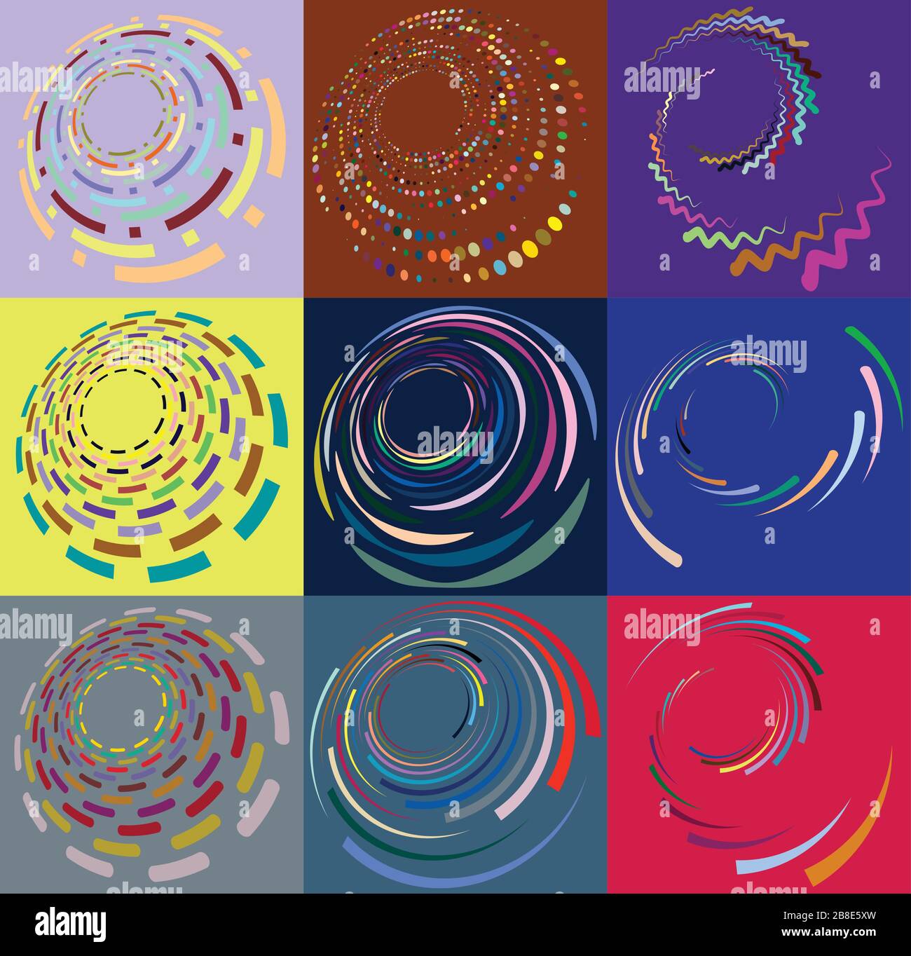 Set of mottled, multi color and colorful spiral, swirl, twirl shapes ...