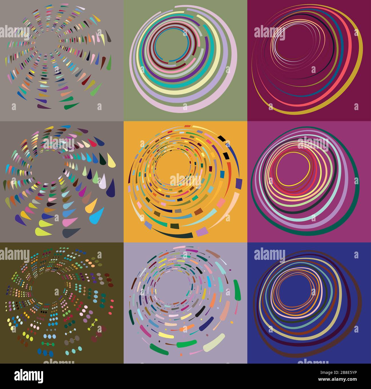 Set of mottled, multi color and colorful spiral, swirl, twirl shapes ...