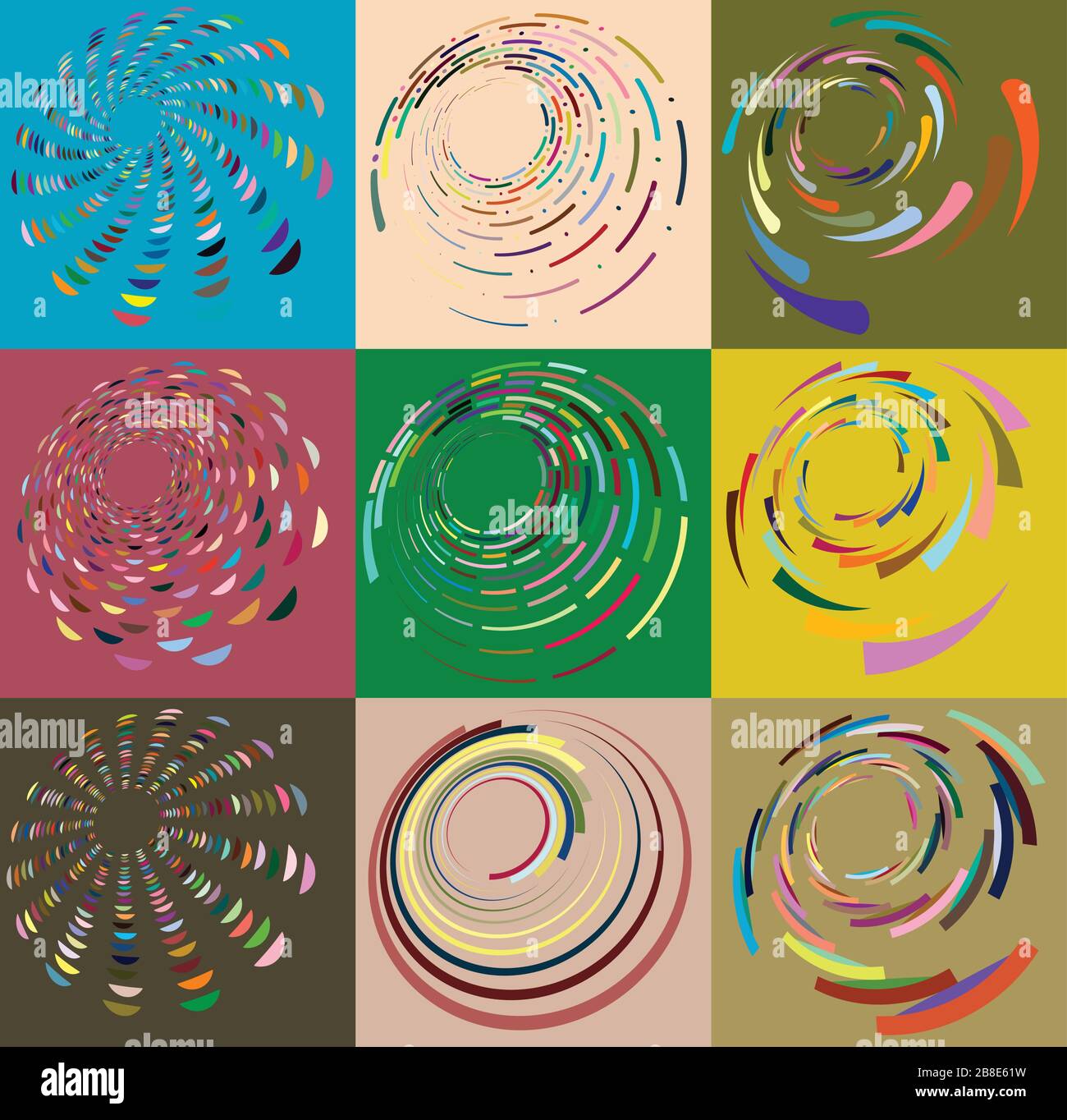 Set of mottled, multi color and colorful spiral, swirl, twirl shapes ...