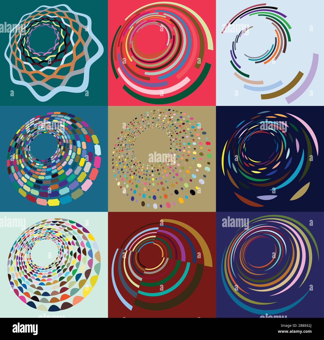 Set of mottled, multi color and colorful spiral, swirl, twirl shapes ...