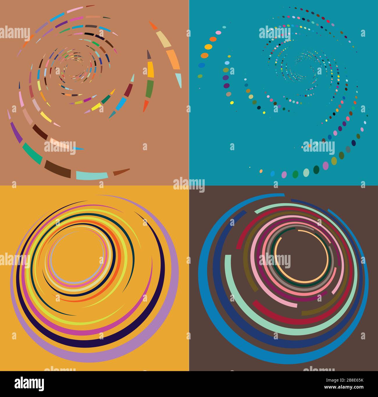 Set of mottled, multi color and colorful spiral, swirl, twirl shapes ...