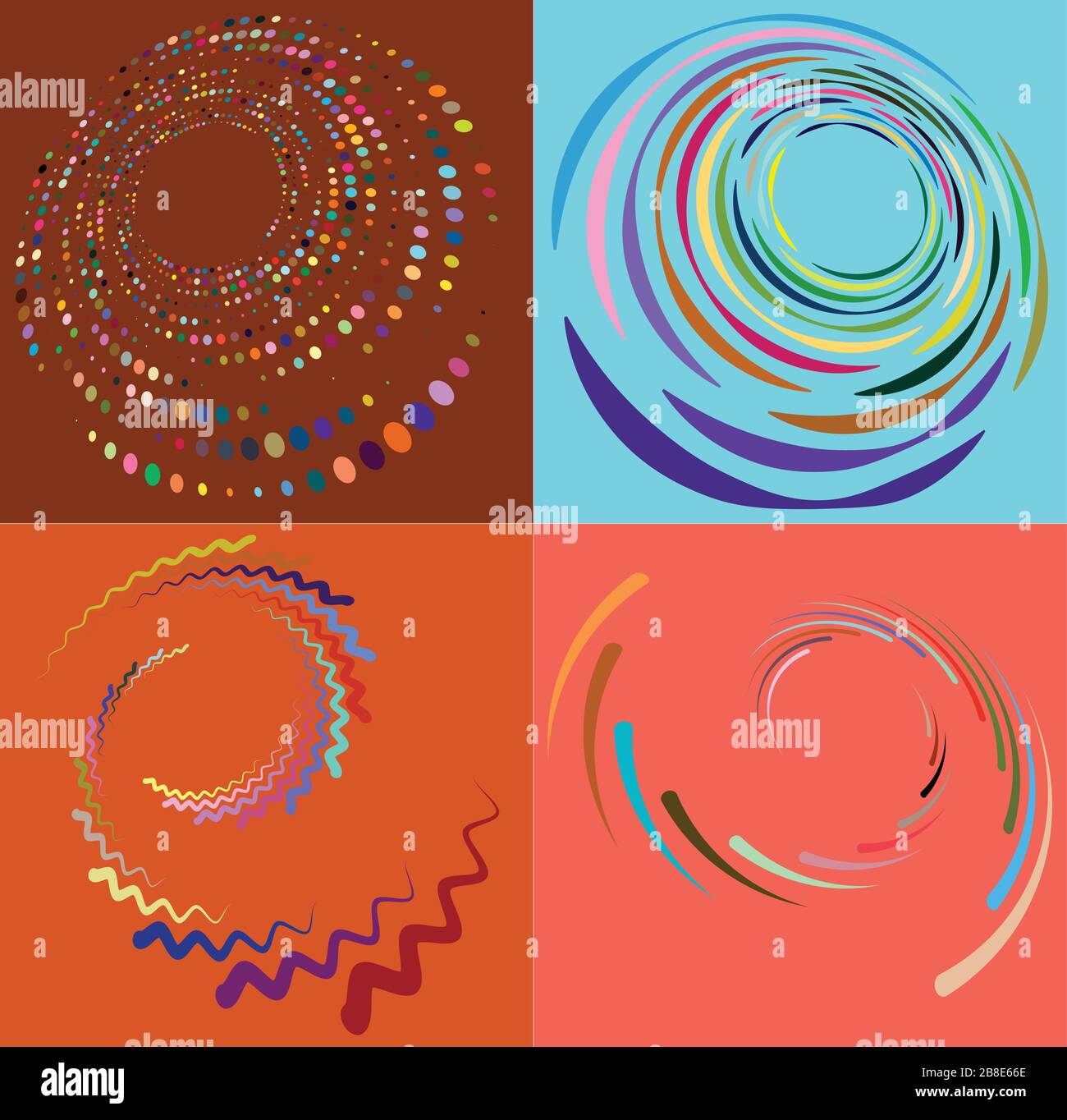 Set of mottled, multi color and colorful spiral, swirl, twirl shapes ...