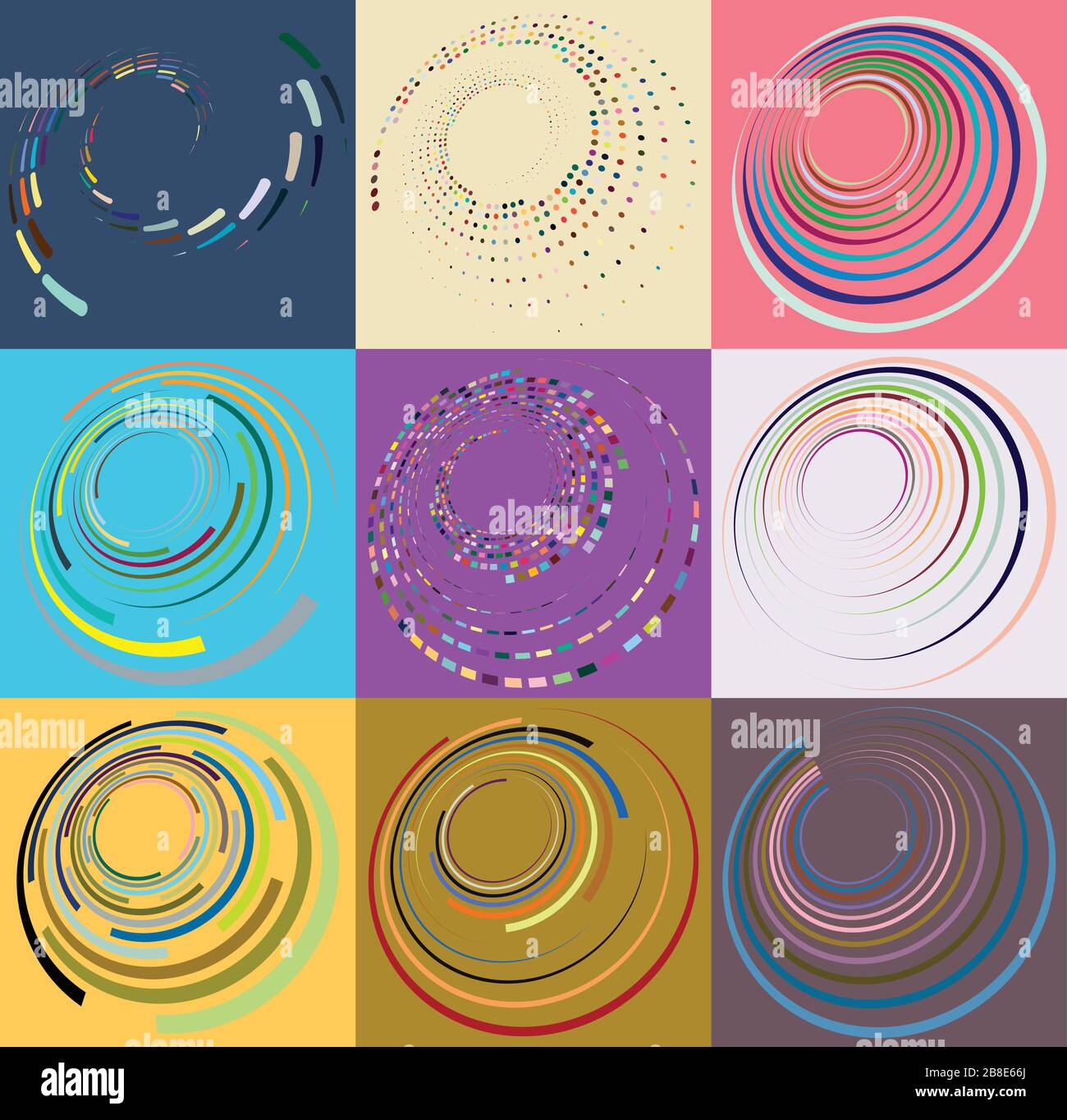 Set of mottled, multi color and colorful spiral, swirl, twirl shapes ...