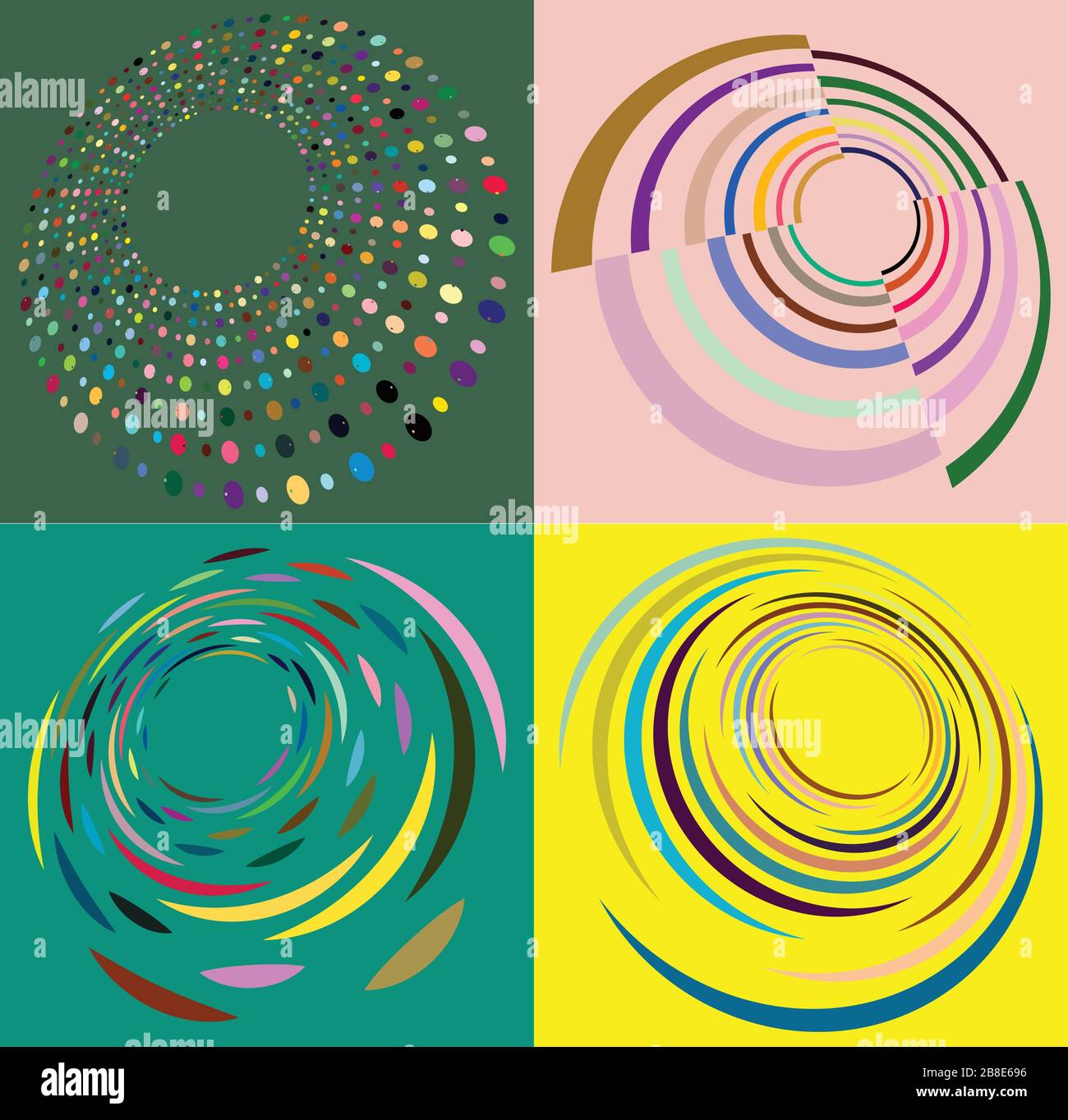 Set of mottled, multi color and colorful spiral, swirl, twirl shapes ...