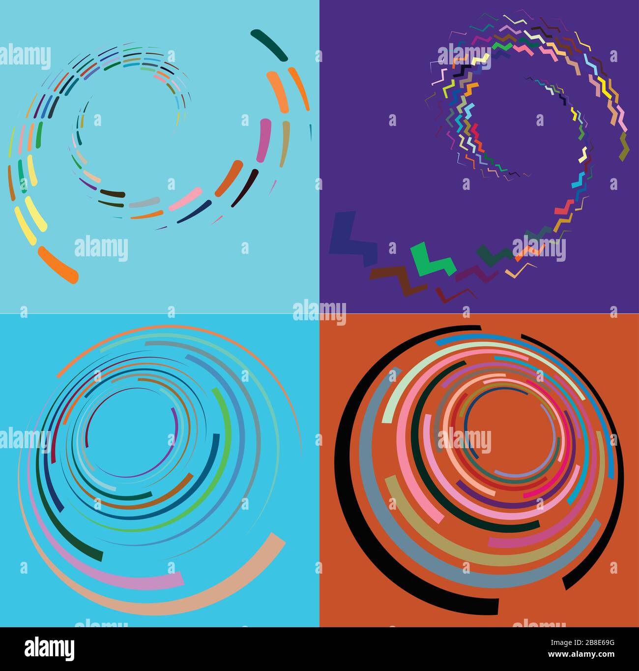 Set of mottled, multi color and colorful spiral, swirl, twirl shapes ...