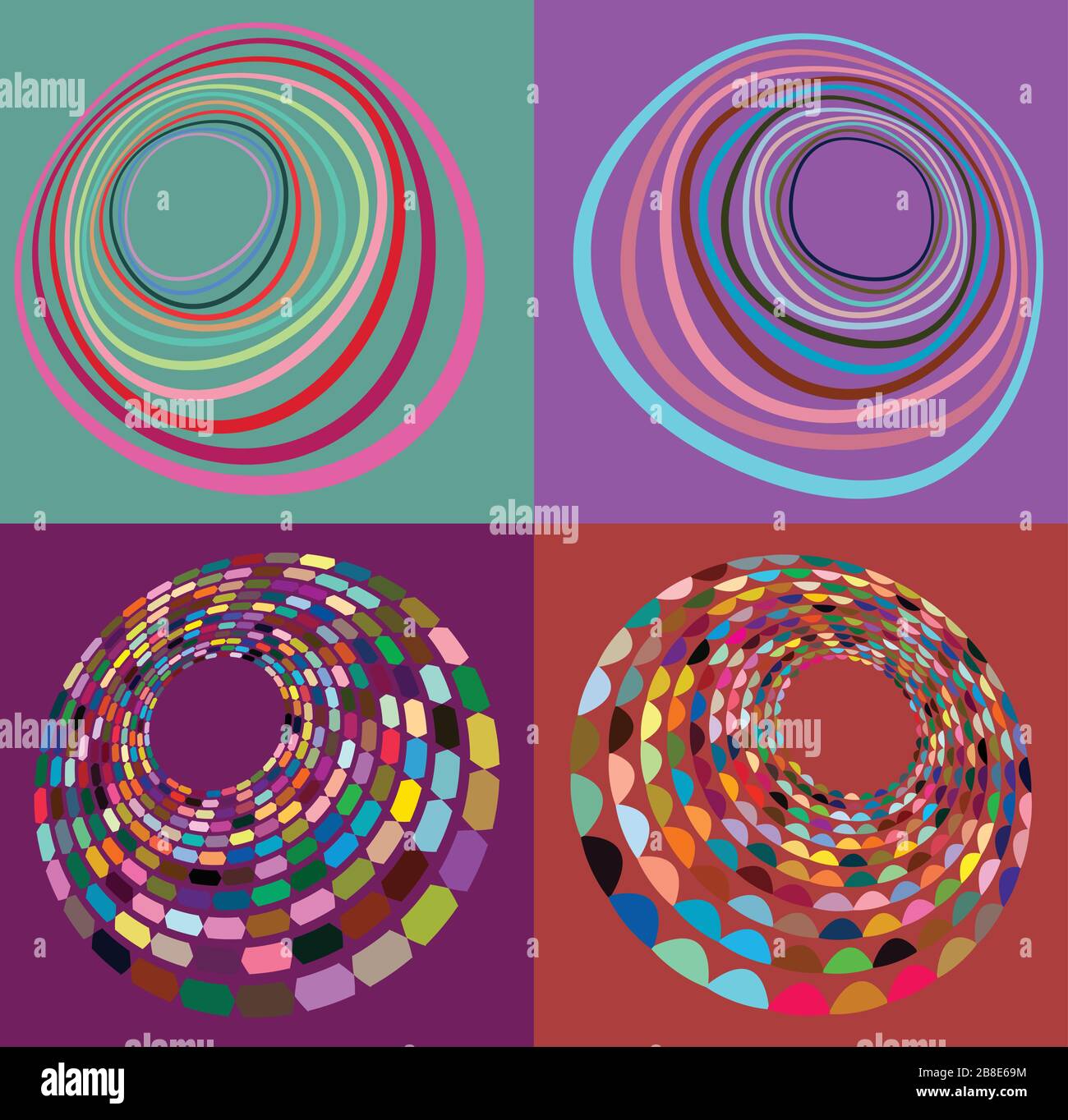 Set of mottled, multi color and colorful spiral, swirl, twirl shapes ...