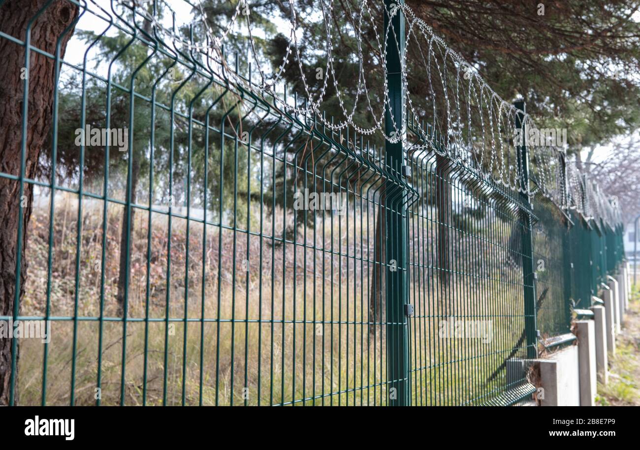 Steel grating fence of field,Metal fence wire. Coiled razor wire with ...