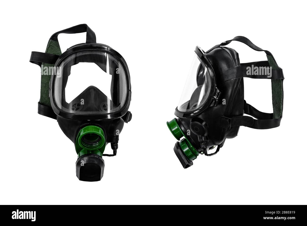 gas mask with a large panoramic glass in two positions on a white ...
