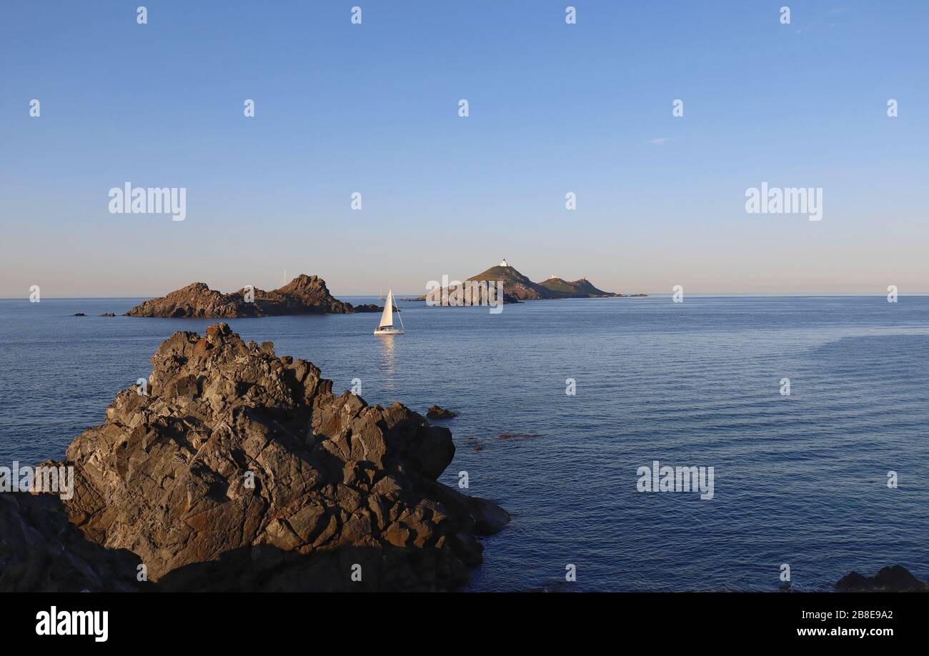 Aerial view of Sanguinaires bloodthirsty Islands in Corsica, France ...