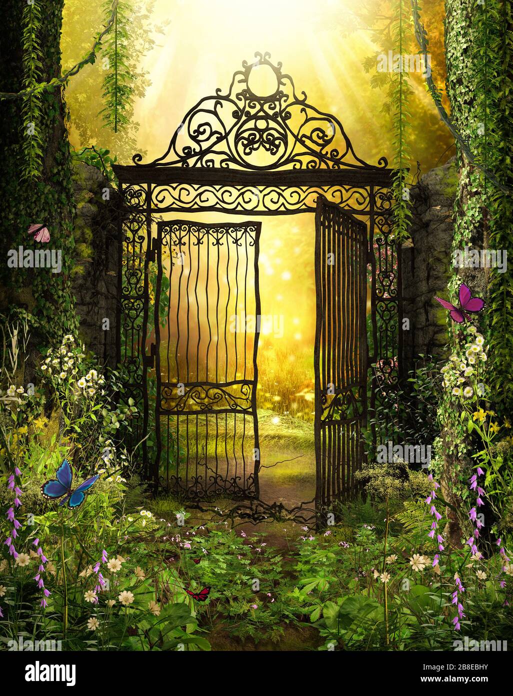An open iron gate leads to an enchanting secret garden surrounded by ...