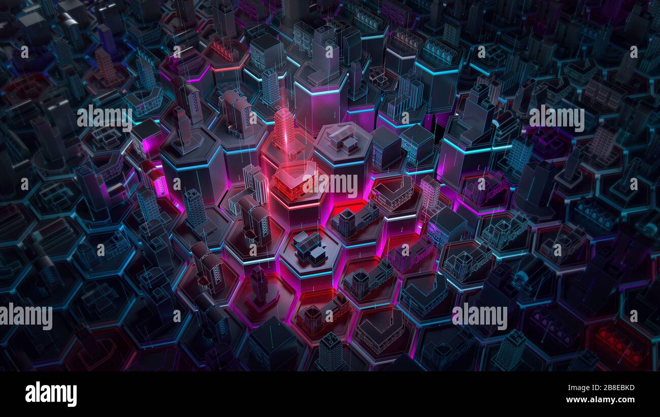 Abstract 3d city rendering with lines and digital elements on hexagonal ...
