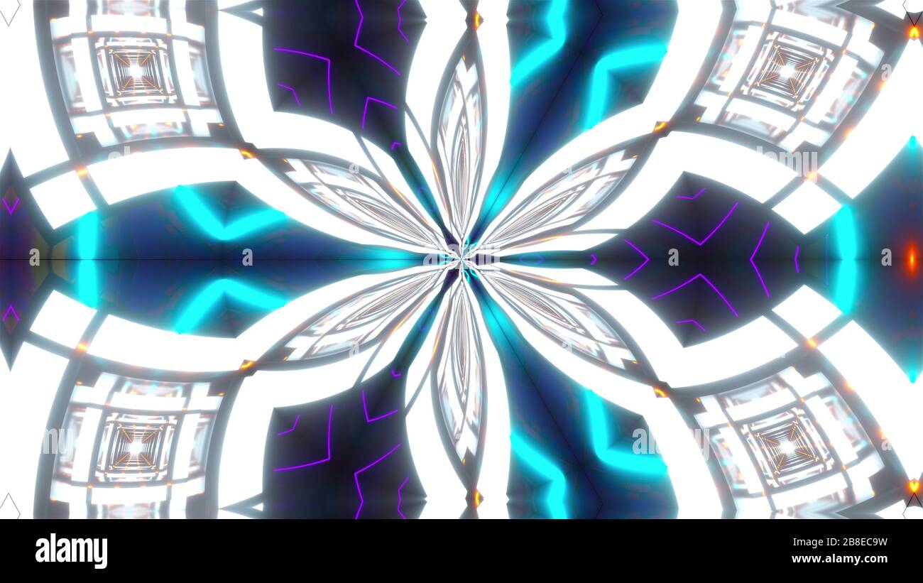 Beautiful abstract symmetry kaleidoscope with shiny neon lines, 3d render backdrop, computer ...