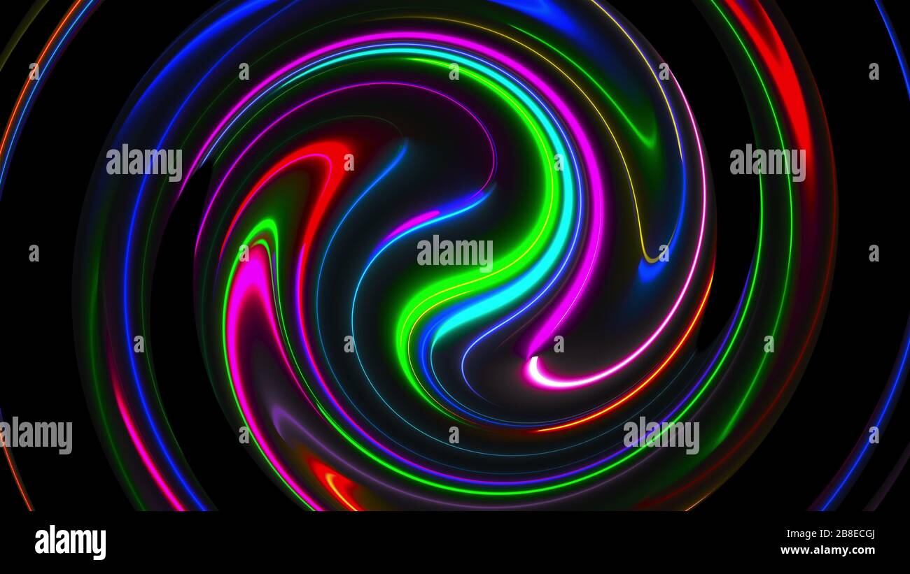 Computer generated abstract twist background. 3D rendering circular merger of neon color lines ...