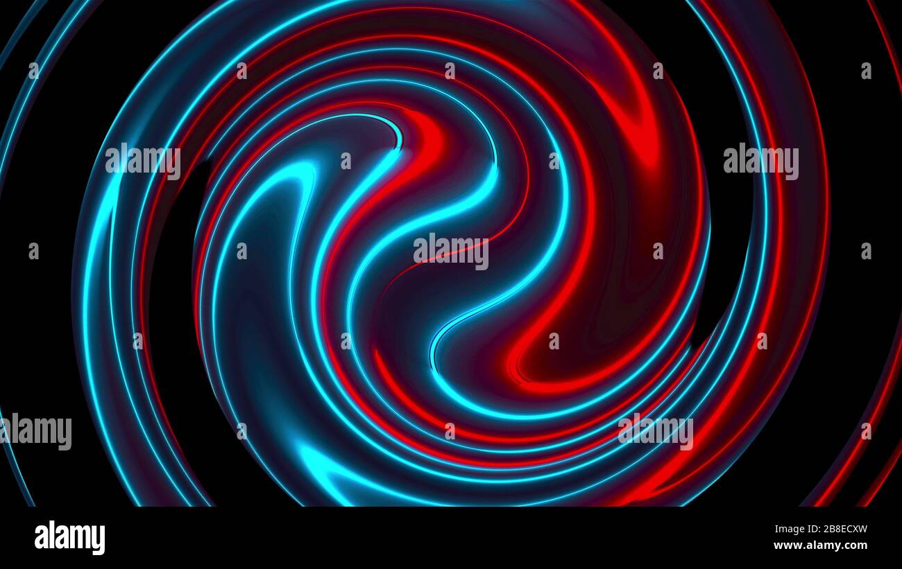 Computer generated abstract twist background. 3D rendering circular merger of neon color lines ...