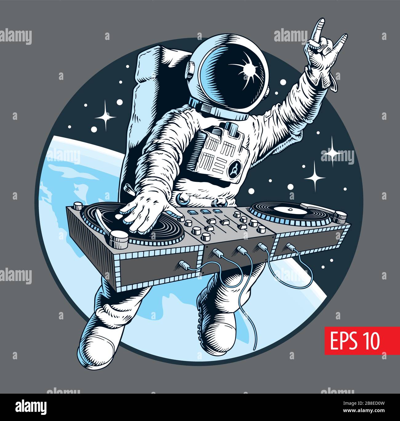 Astronaut dj with turntable in the space. Universe disco party comic ...