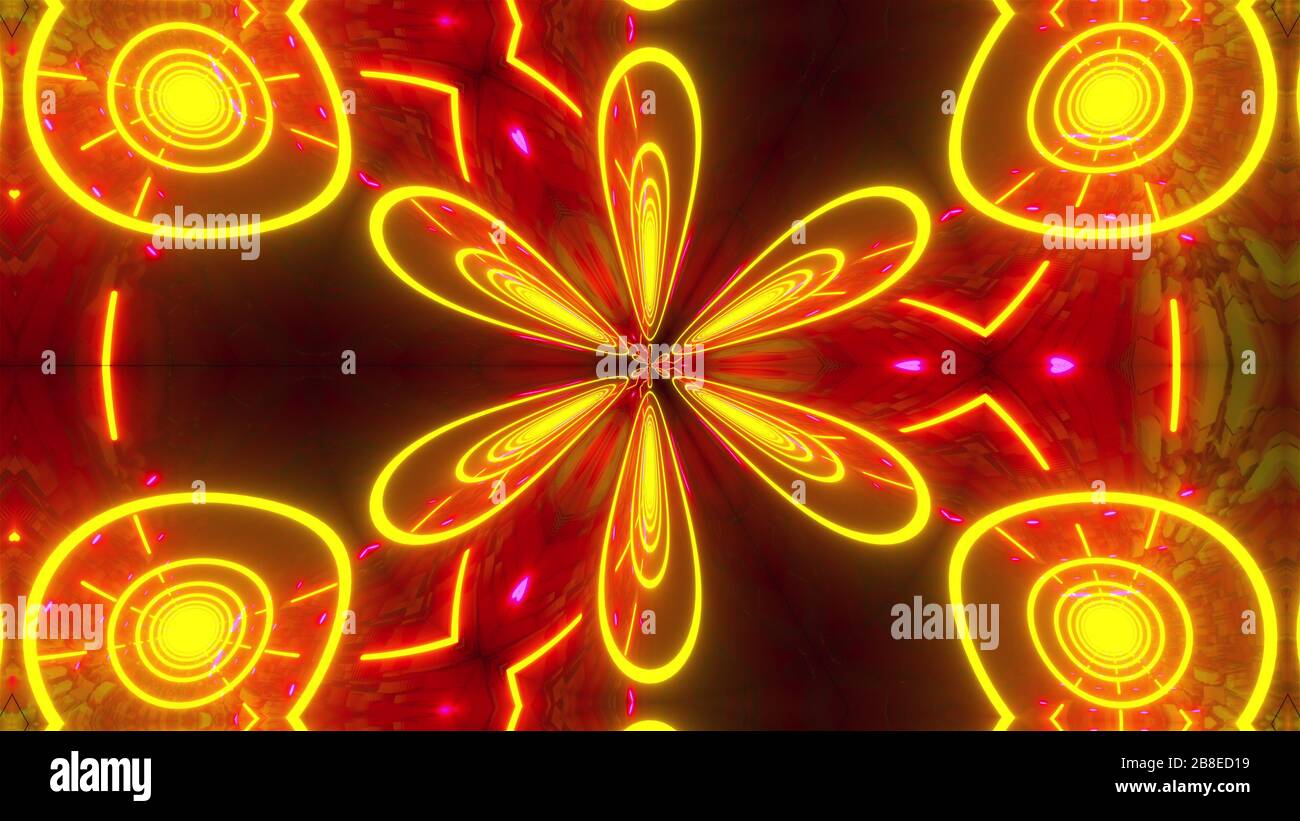 Beautiful abstract symmetry kaleidoscope with shiny neon lines, 3d render backdrop, computer ...