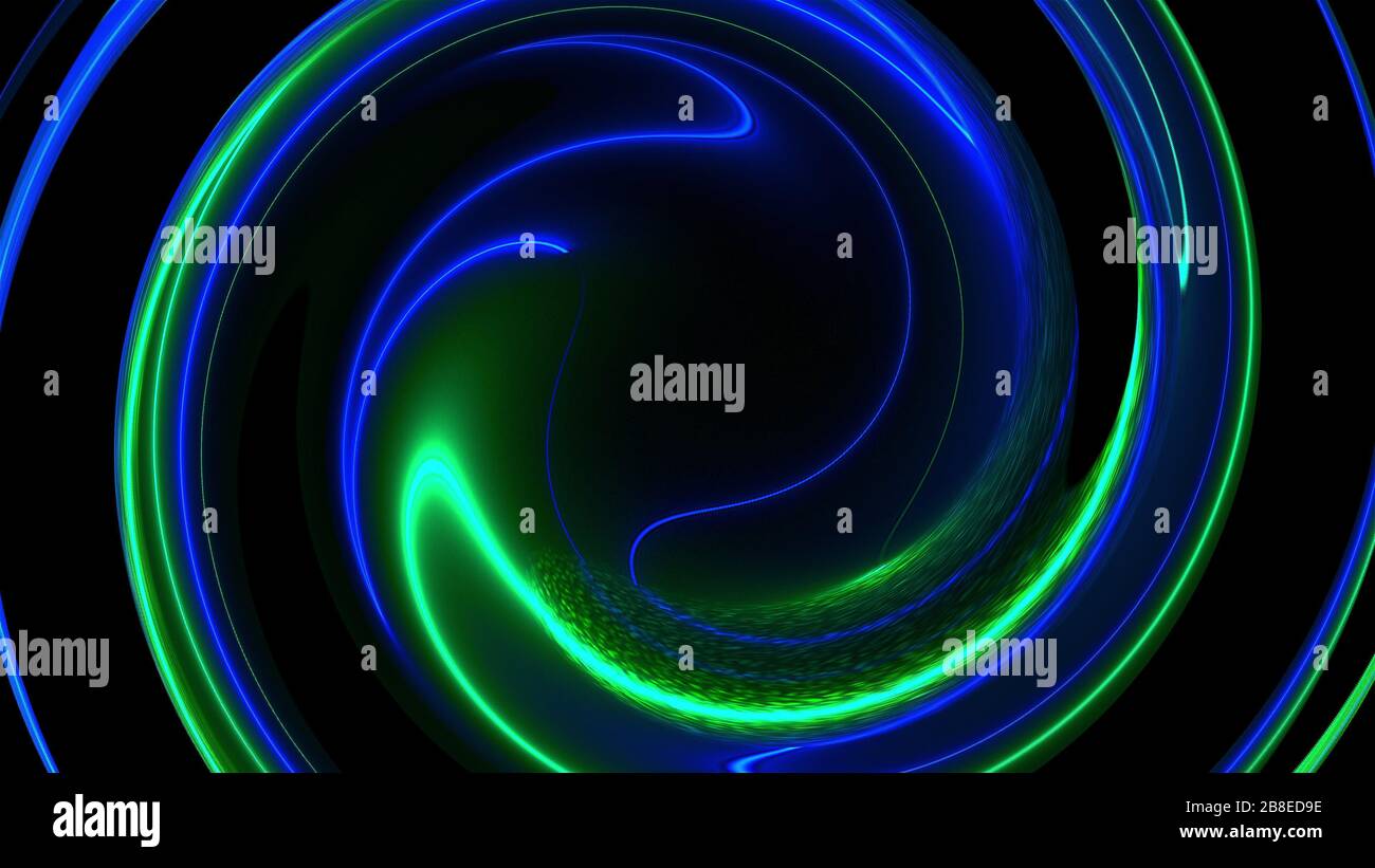 Computer generated abstract twist background. 3D rendering circular merger of neon color lines ...