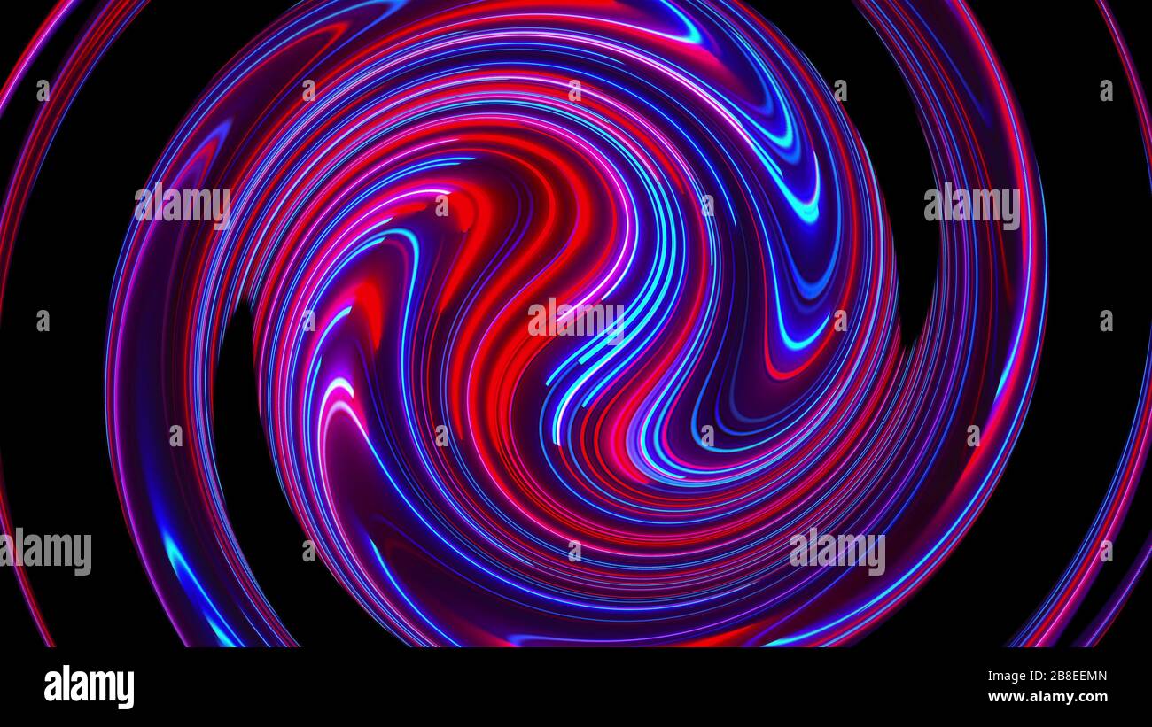 Computer generated abstract twist background. 3D rendering circular merger of neon color lines ...