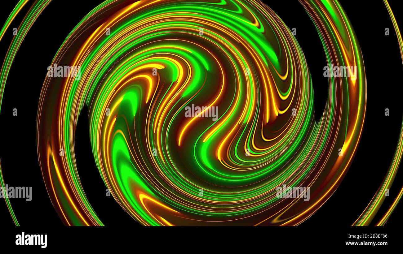 Computer generated abstract twist background. 3D rendering circular merger of neon color lines ...