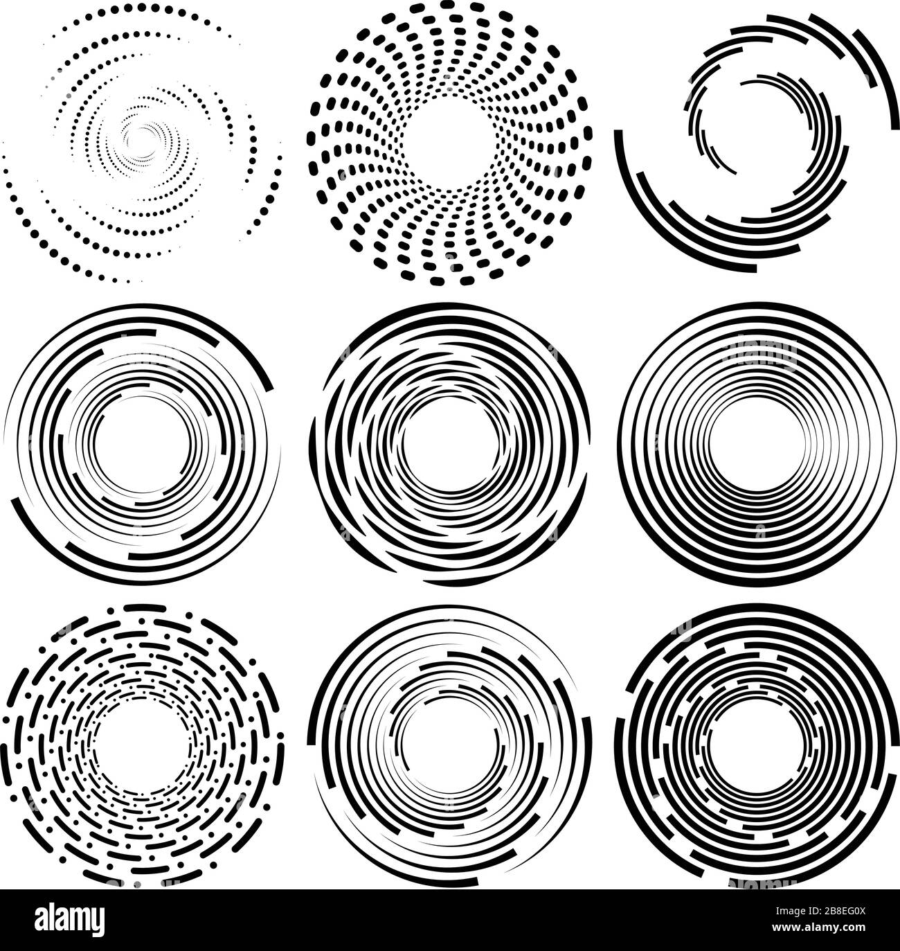 Set of black and white vortex, volute shapes. Twisted helix elements ...