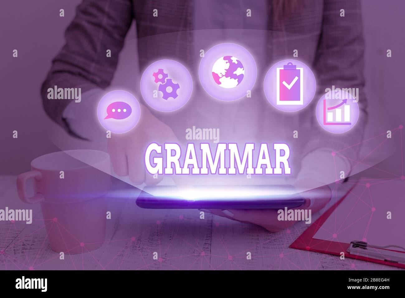 Writing note showing Grammar. Business concept for whole system ...