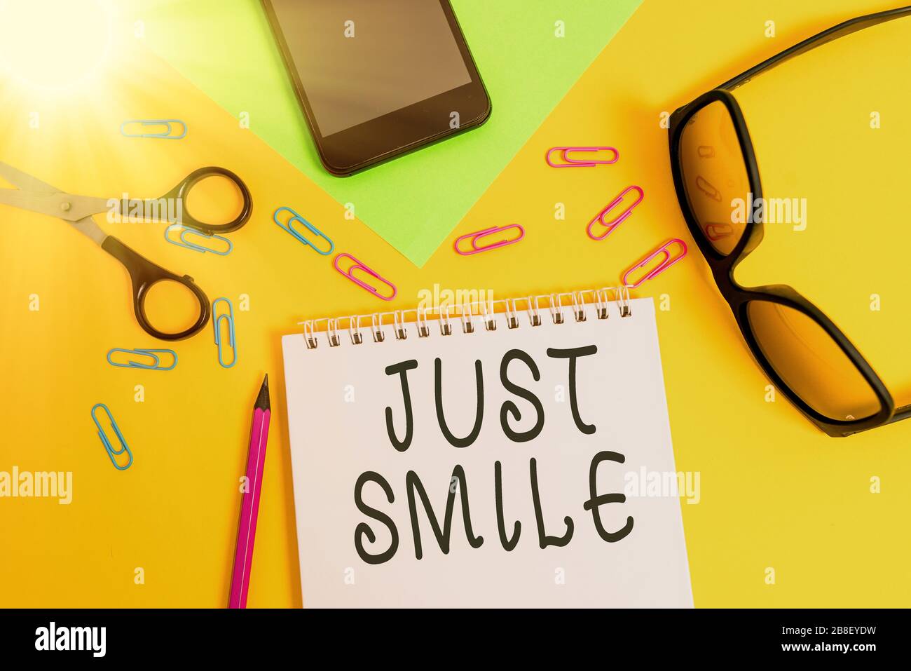 Writing note showing Just Smile. Business concept for assume a facial ...