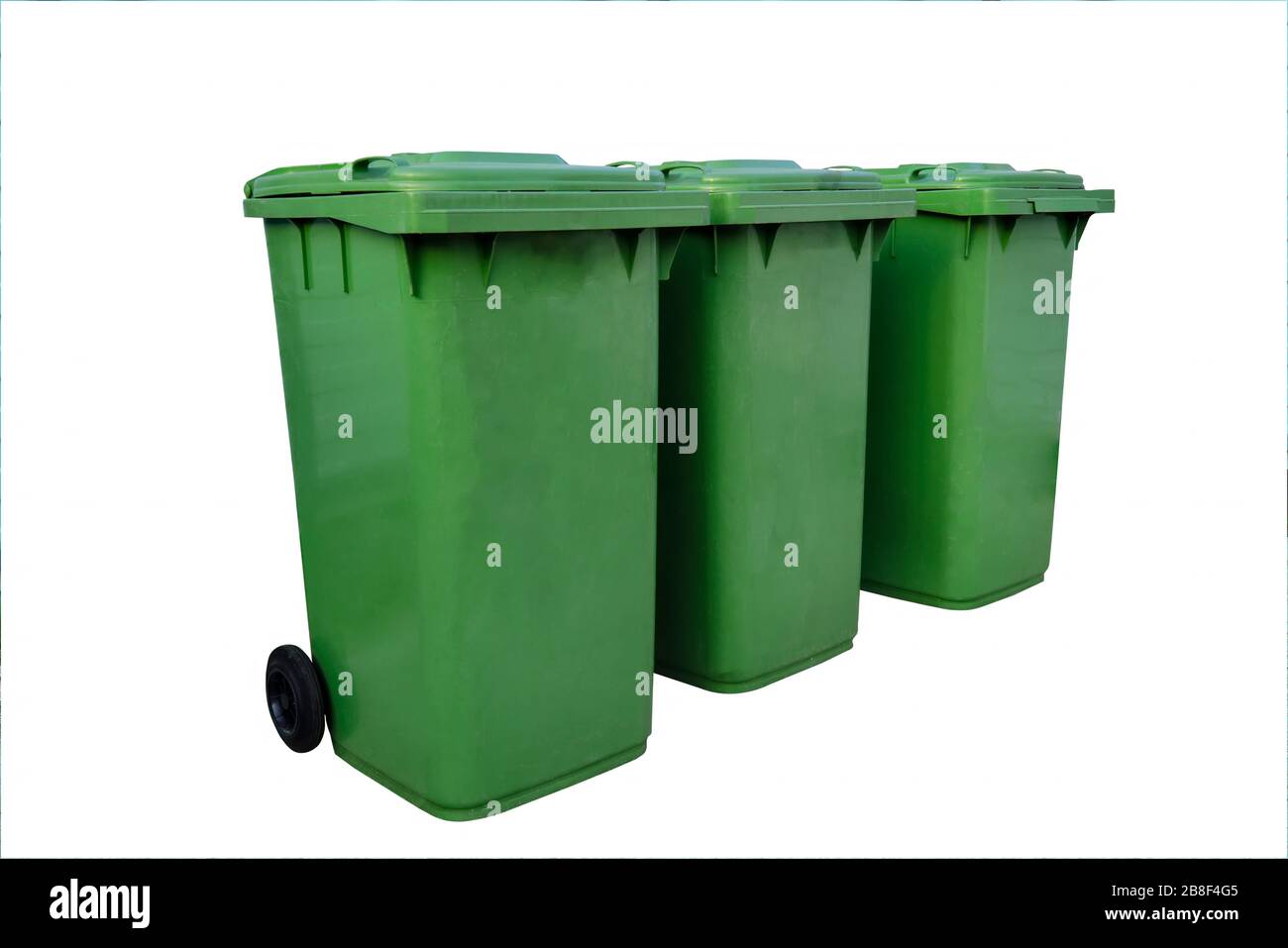 Green plastic trash recycling container isolate on a white background ...
