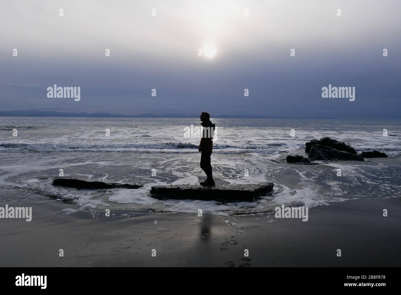 Man stood alone on rock at beach with waves crashing around, misty sky ...