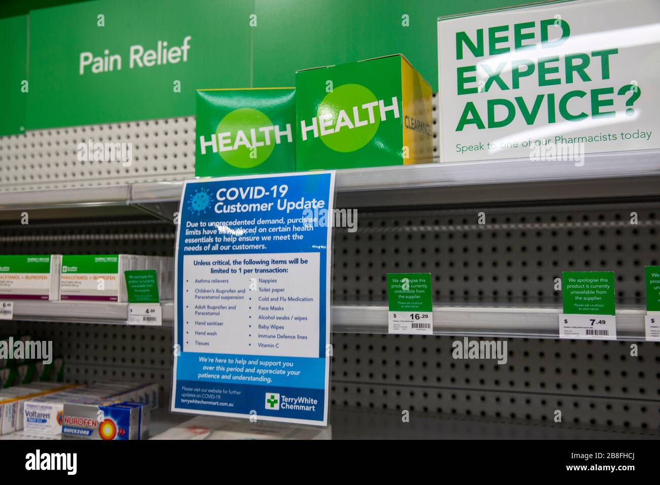Sydney, Australia. 22nd March 2020. Sydney chemist displays sign ...